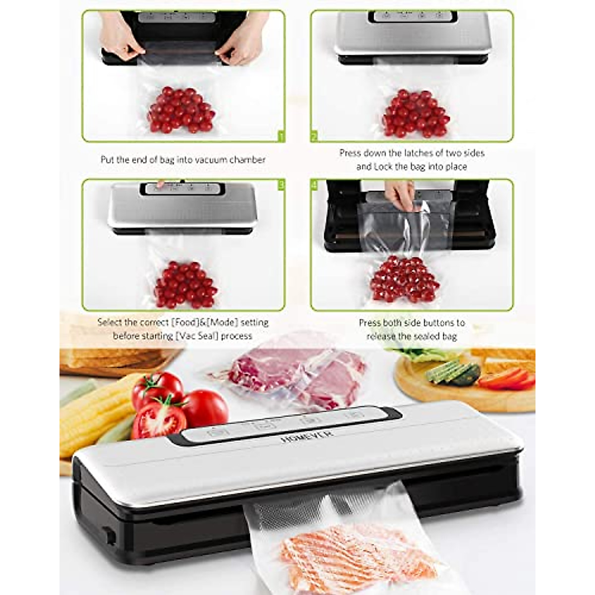 HOMEVER Vacuum Sealer Machine, Automatic Food Sealer with Led Indicator Lights Easy to Clean Dry Moist Food Modes Include 20 Packing Bags