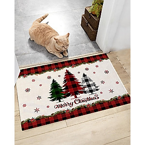 Indoor Doormat Xmas Tree Winter Snow,Shaggy Floor Mat with Non-Skid Backing Pine Cones Red Black Buffalo Check,Machine Washable Plush Area Rug Carpets for Kitchen Nursery Bedroom 16x24in