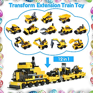 EZIGO Easter Eggs Fillers with Construction Vehicles Building Blocks, 12 Pack Bulk Toy, Basket Stuffers Easter Party Favors Supplies Classroom Prize Easter Hunts Gift for Kids