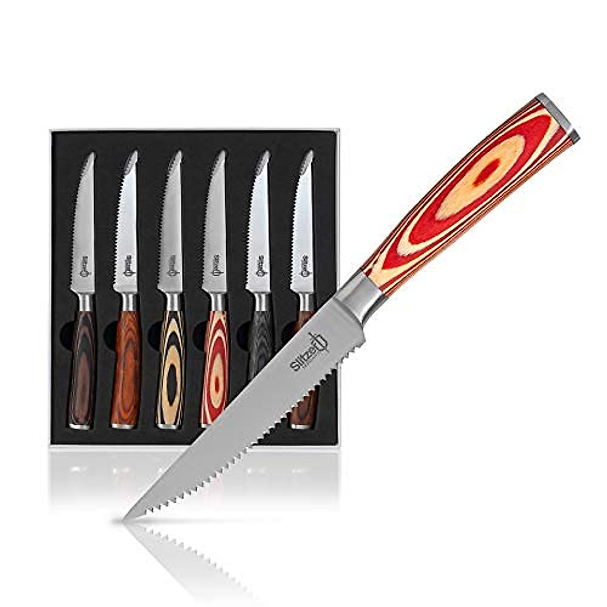 Slitzer Germany 6-Piece 9 Inch Steak Knife Set - Professional, High-Performance Serrated Knife Blades, Pakkawood Handles - Stainless Steel Hand Bolster & Butt