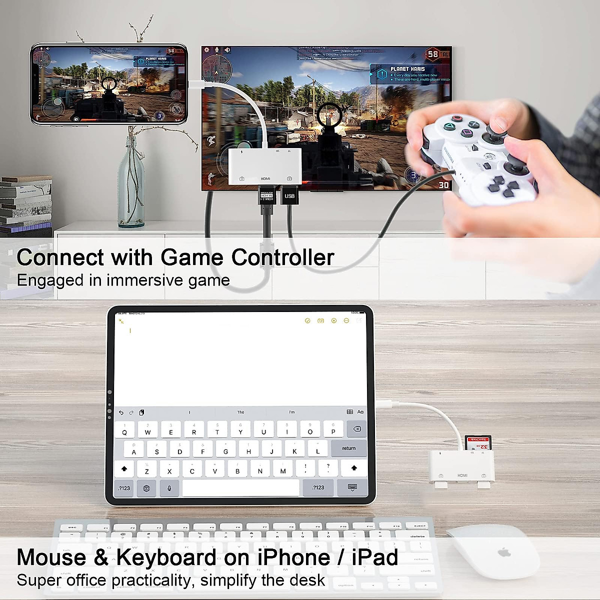 INVERSE NET HDMI Adapter for iPhone,USB to iPhone Adapter,SD Card Reader for iPhone,6 in 1 USB Camera Adapter,Support MIDI Keyboard, Mouse, HD TV/Projector/Monitor, No APP Needed