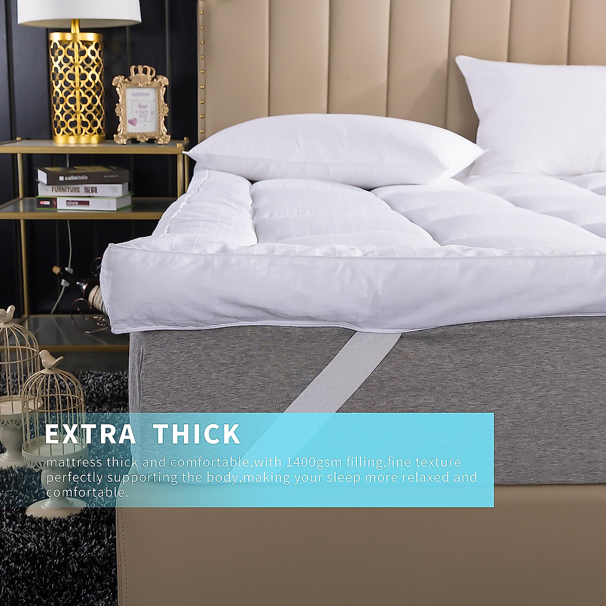 Extra Thick Twin XL Mattress Topper Dorm Bedding. Breathable Cooling Mattress Pad Cover.100% Cotton Pillow Top Quilted Mattress Protect Bed Mattress Topper1400GSM Soft Down Alternative Fill (39x80'')