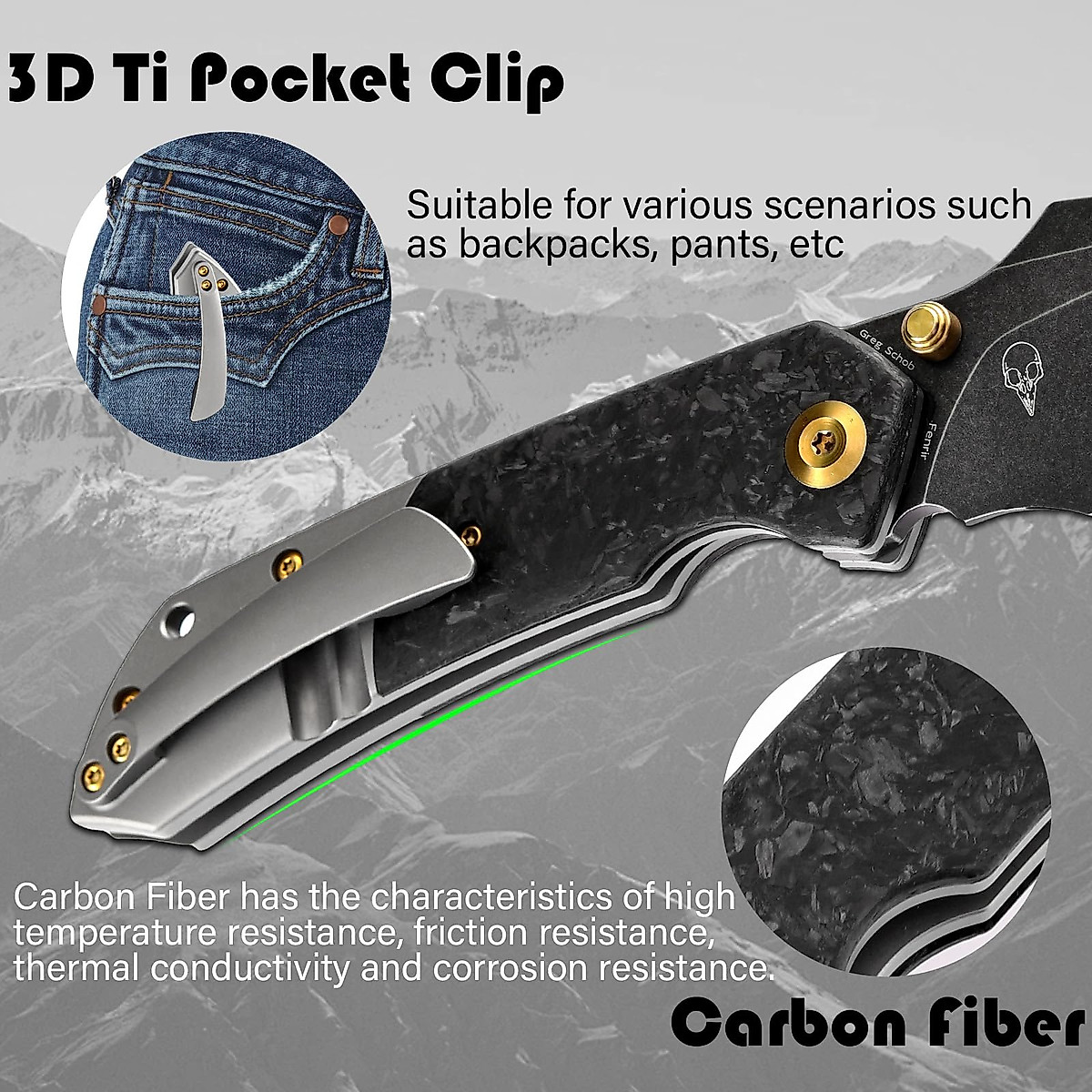 KANSEPT Fenrir Pocket Folding Knives for Men Women EDC Camping Folding Knives 3.48'' CPM-S35VN Blade with Shred Carbon Fiber Titanium Handle Everyday Carry K1034A1