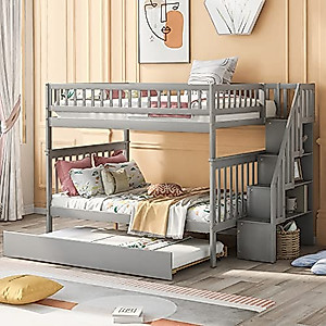 UBGO Full Over Full Bunk Bed with Pull Out Trundle Bed and Storage Stairs, Safety Rails, Full Size Bunk Bed for Kids Teens Adults, Space Saving, Easy to Assemble, Grey