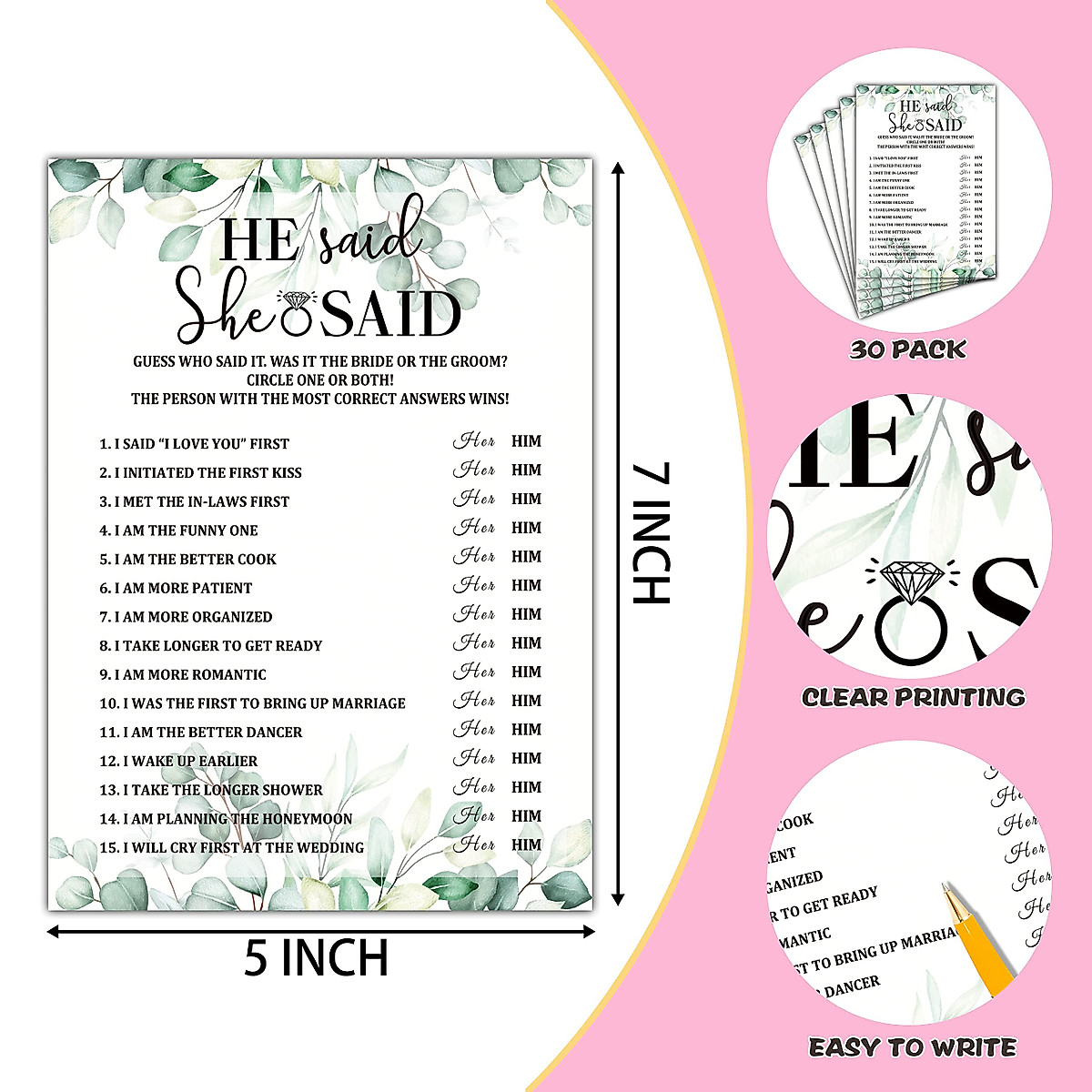 Bridal Shower Game Set - He Said She Said Party Cards for Wedding - Greenery Wedding Party Favor Decor - Tropical Jungle Engagement/Bachelorette Party Games Supplies & Activities - 30 Game Cards(B01)