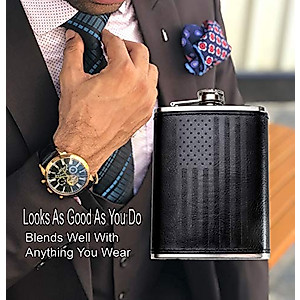 Leather Flask with American Flag by Home Aggressive - 8 Ounce - 18-8 304 Stainless Steel Black Leather Wrap Hip Flask with Funnel for Liquor Whiskey Alcohol Wine or Bourbon - Slim Curved