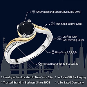 Gem Stone King 925 Sterling Silver and 10K Yellow Gold Round Black Onyx and White Moissanite Engagement Ring For Women (0.85 Cttw, Gemstone Birthstone, Available In Size 5, 6, 7, 8, 9)