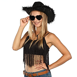 Funcredible Black Cowboy Hat and Glasses - Fluffy Cowgirl Hat with Star for Girls - Cowboy Hat with Feathers - Cowgirl Accessories - Halloween Accessories for Women