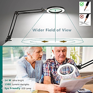 8X Magnifying Glass with Light, 5 Inches Real Glass Lens LED Desk Lamp with Clamp, 3 Color Modes Stepless Dimmable Lighted Magnifier with Light and Stand for Reading Crafts Repair Close Works - Black