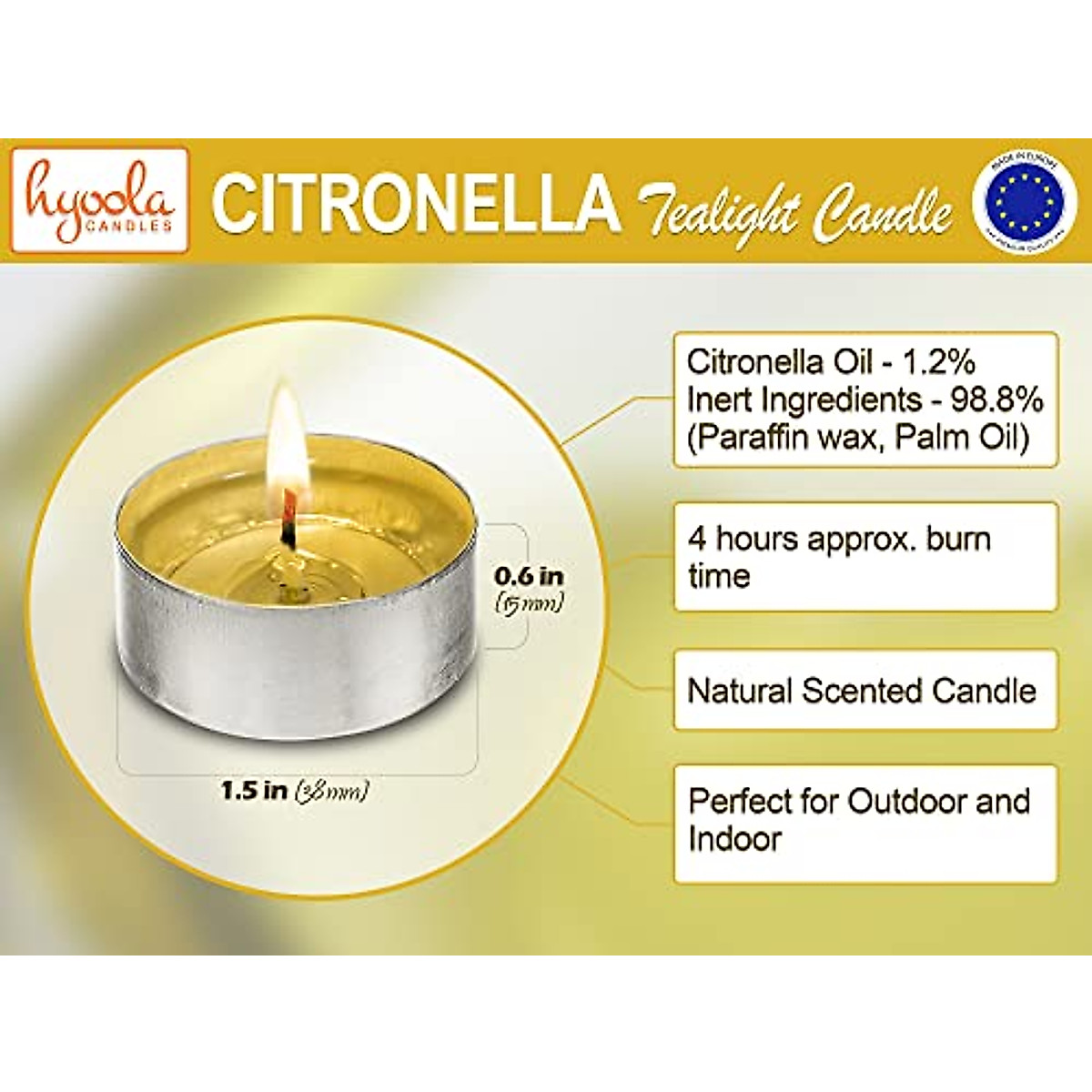Tealight Citronella Candles - Anti Mosquito Candle - 4 Hour Burn - 50 Pack - DEET Free