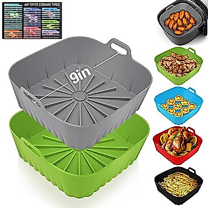 2 PCS Silicone Air Fryer Liners 9 Inch Square Easy Cleaning Air Fryer Silicone Liners for 6-9 QT Frying Basket, Heat Resistant Reusable Ninja Air Fryer Accessories (Grey+Green)