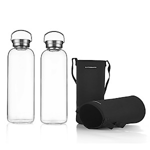 DE.KITCHEN&HIFUN Glasss Water Bottle 64oz, Large Borosilicate Glass 2L for Juice, Glass Water bottle with Steel Cap Filter (1)