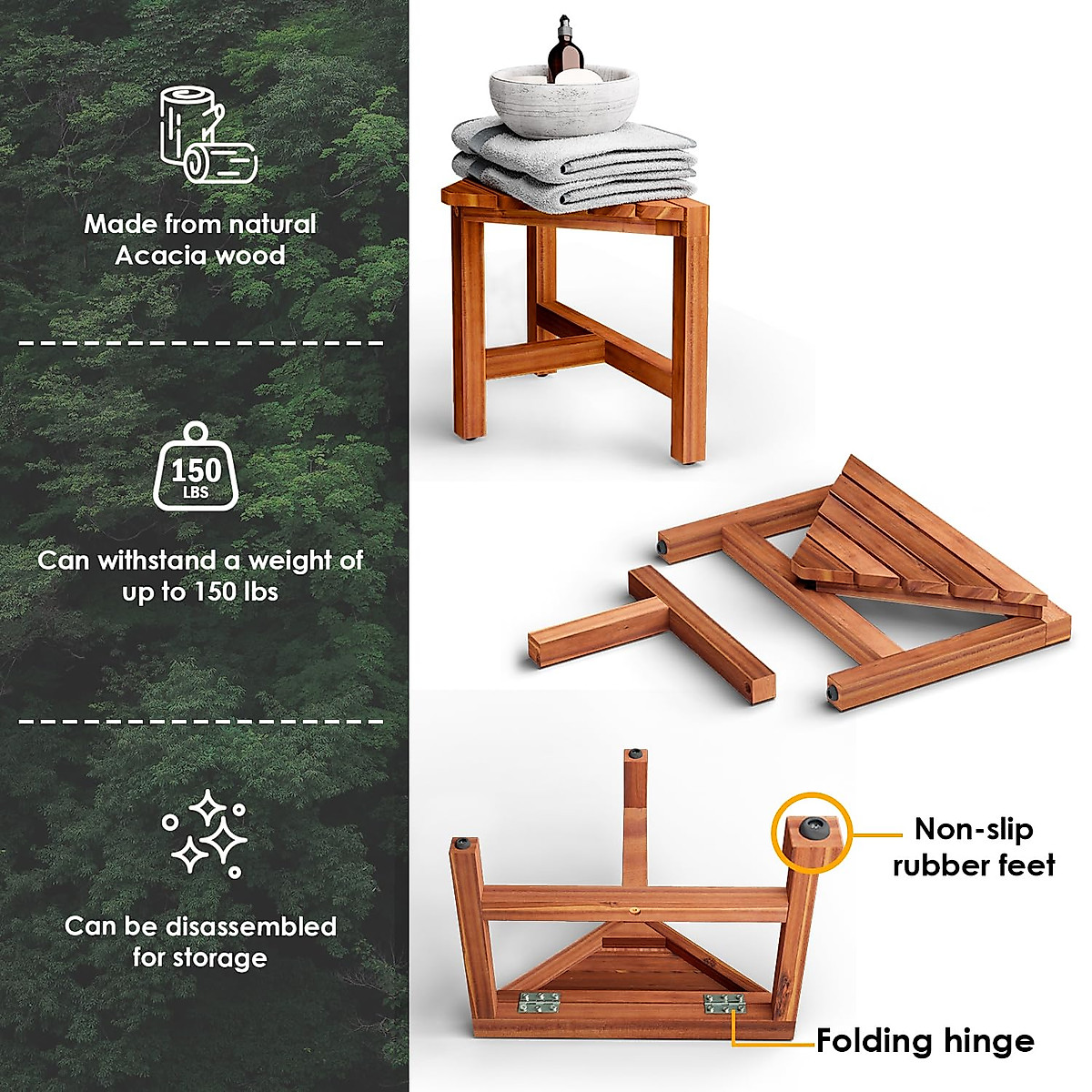 HOLANA 12" Acacia Shower Stool for Shaving Legs - Wooden Shower Foot Rest - Small Shower Corner Stool Seat for Inside Shower - Waterproof Bath Step Stools Bench for Bathroom (Acacia Wood)