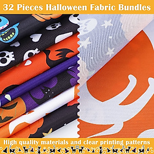 32 Pieces 10 x 10 Inches Halloween Fabric Holiday Quilting Fabric Halloween Fat Quarters Printed Fabric Sewing Craft Fabric Bat Pumpkin Ghost Skull Fabric for DIY Halloween Decor Patchwork Supplies