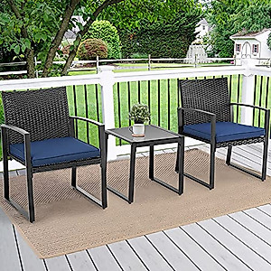Oakmont 3 Pieces Patio Furniture Set Outdoor Wicker Conversation Set Modern Bistro Set Black Rattan Balcony Chair Sets with Coffee Table for Yard and Bistro(Navy Blue)