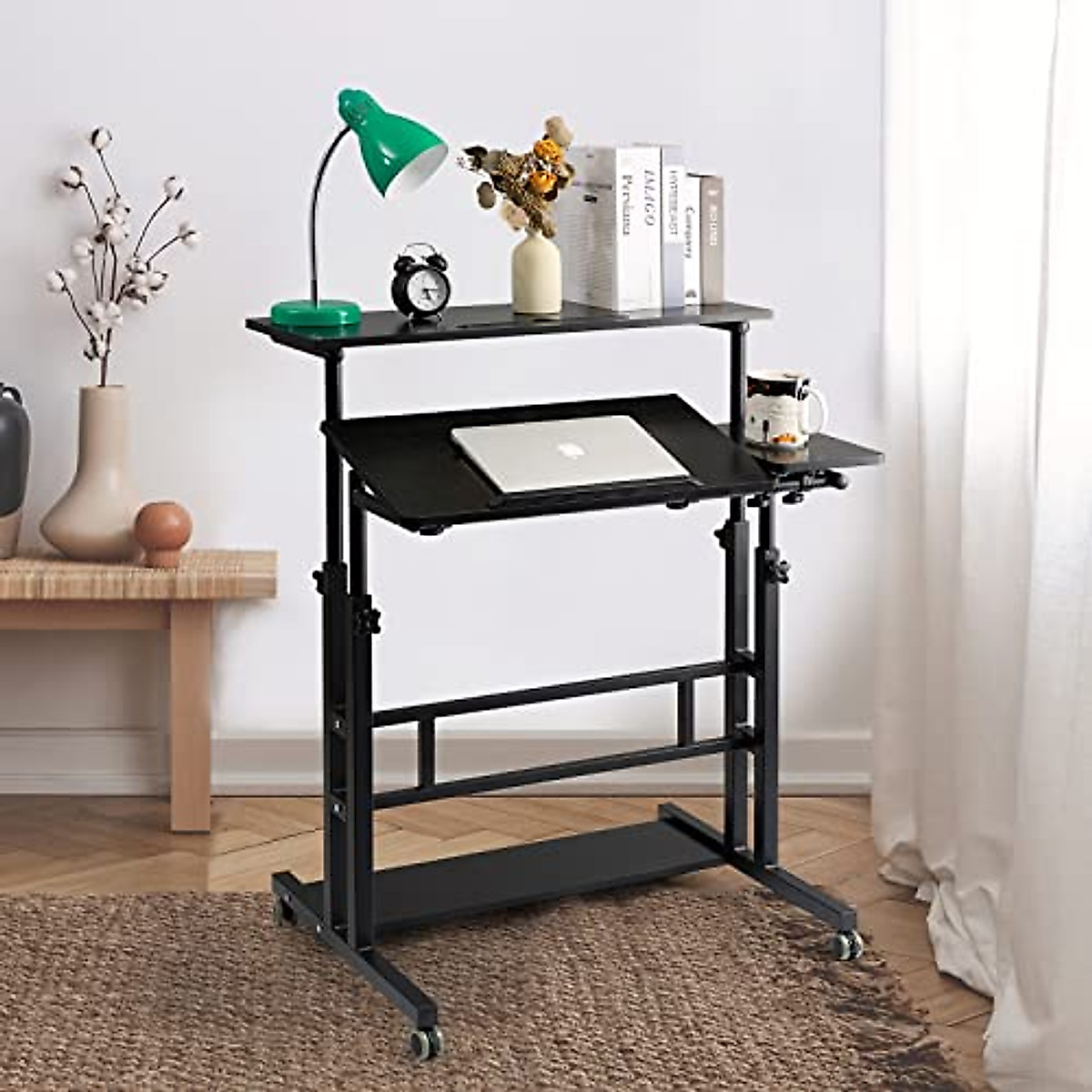 SIDUCAL Mobile Stand Up Desk, Adjustable Laptop Desk with Wheels Storage Desk Home Office Workstation, Rolling Table Laptop Cart for Standing or Sitting, Black