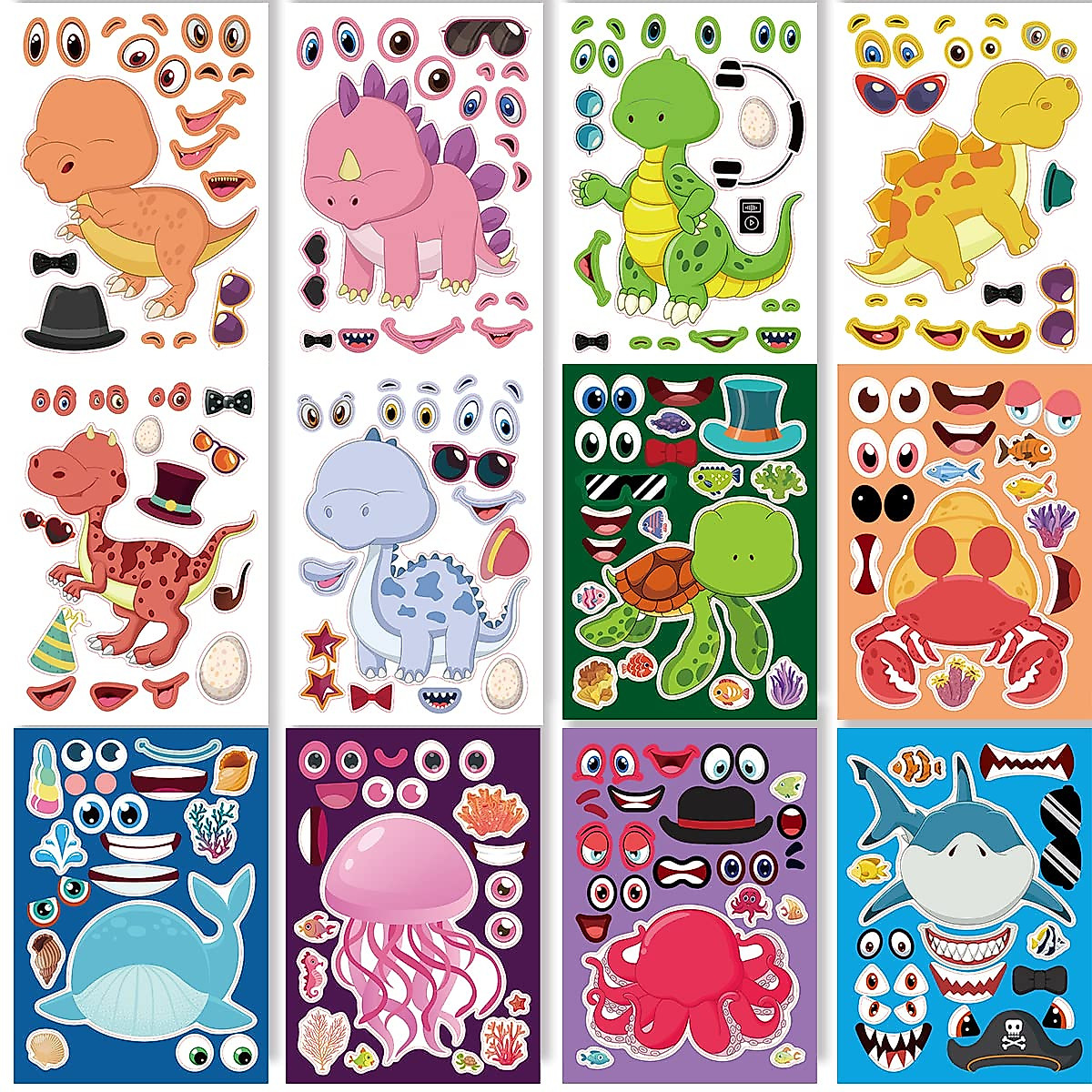 24 Sheets 8.27''×5.9'' Make Your Own Stickers for Kids Toddlers, Make a Face Stickers Mix and Match with Unicorns Dinosaur Horse and Sea Animals for Kids Party Favors Activities