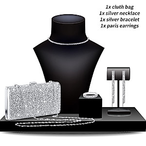 Ditard 4 Pieces Rhinestone Jewelry Set Women Clutch Purse for Prom Sets Wedding Bridal Bracelet Necklace Dangle Ear Clip Crystal Party (Noble Style), Silver