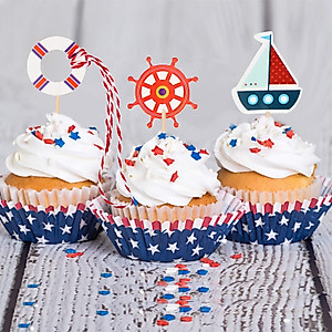 72 Pieces Nautical Cupcake Toppers Ocean Theme Toothpicks Birthday Cake Picks Decorations for Navy Baby Shower Party Favors Supplies