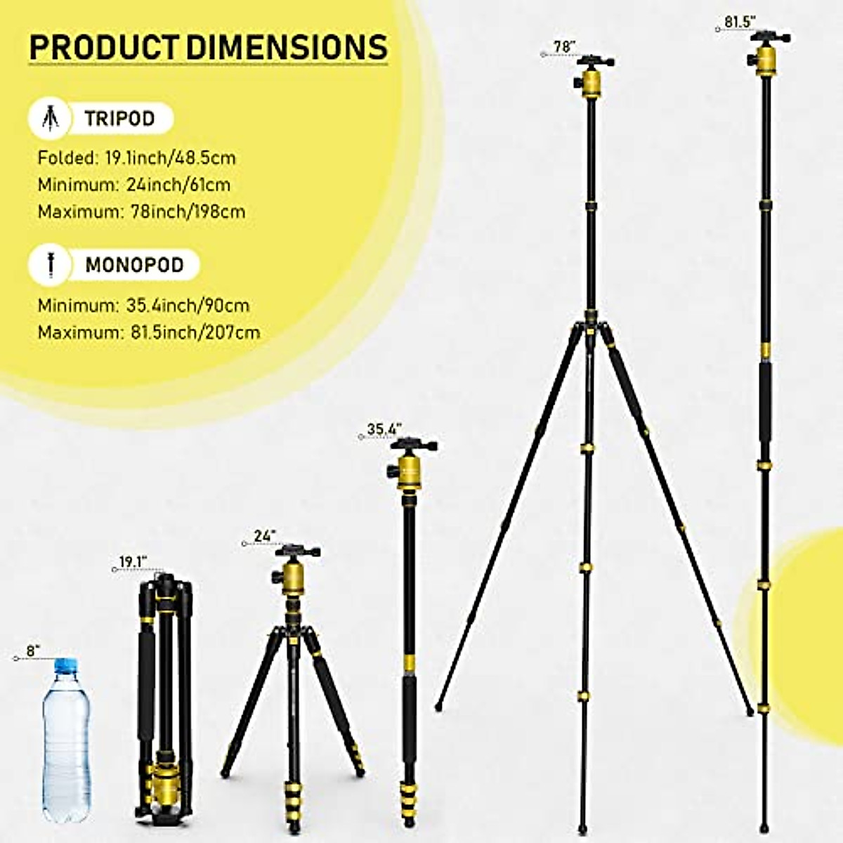 [Limited Edition] GEEKOTO 77'' Tripod-Camera Tripod for DSLR-Compact Aluminum Tripod with 360 Degree Ball Head Loads up to 17.6LBS for Travel and Work(Yellow)