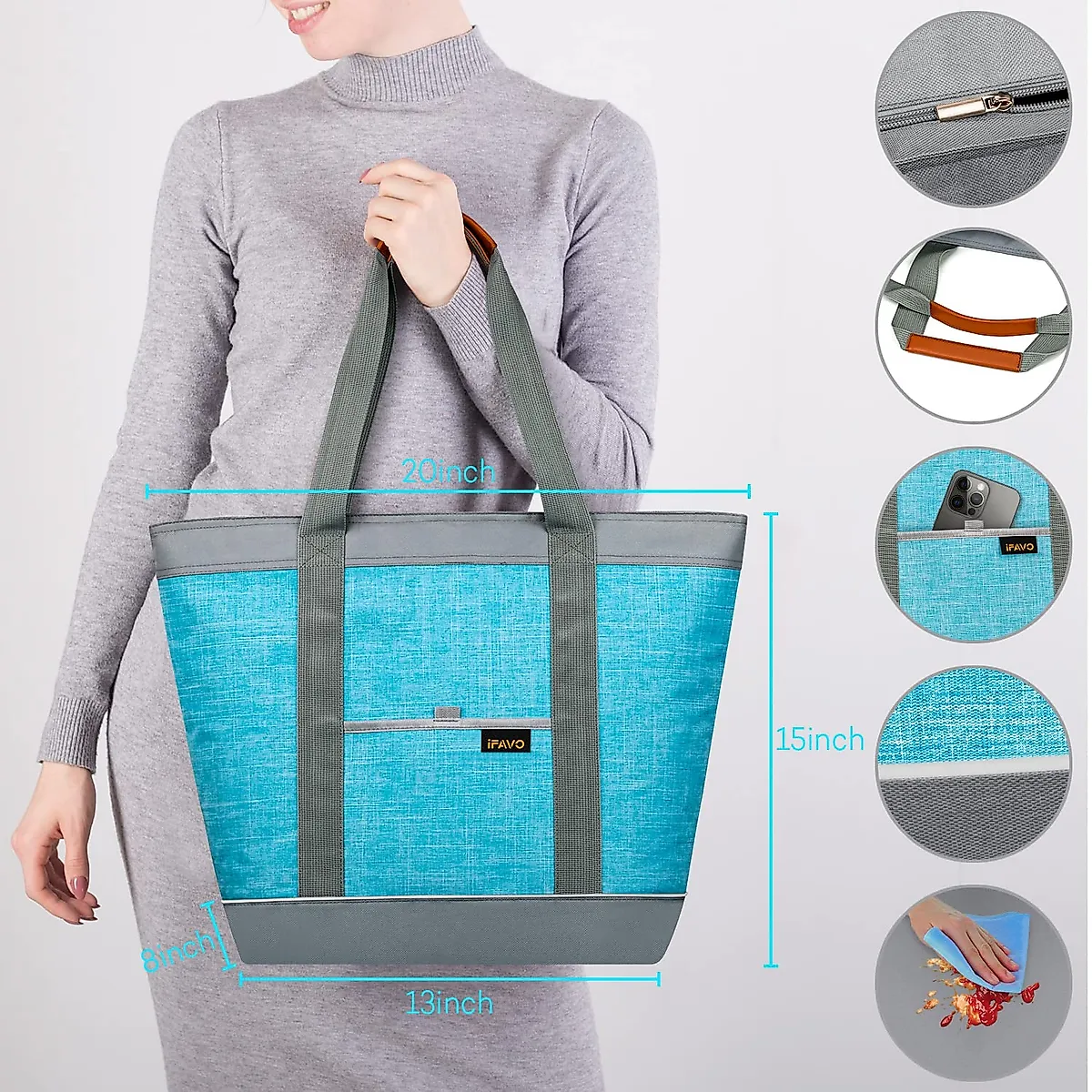 ifavo Premium Insulated Cooler Bag with HD Thermal Foam, Reusable Large Grocery Cooler Bag for Shopping Trip, Frozen and Hot Grocery Delivery,Outdoor Picnics,Beach Travel (Blue)