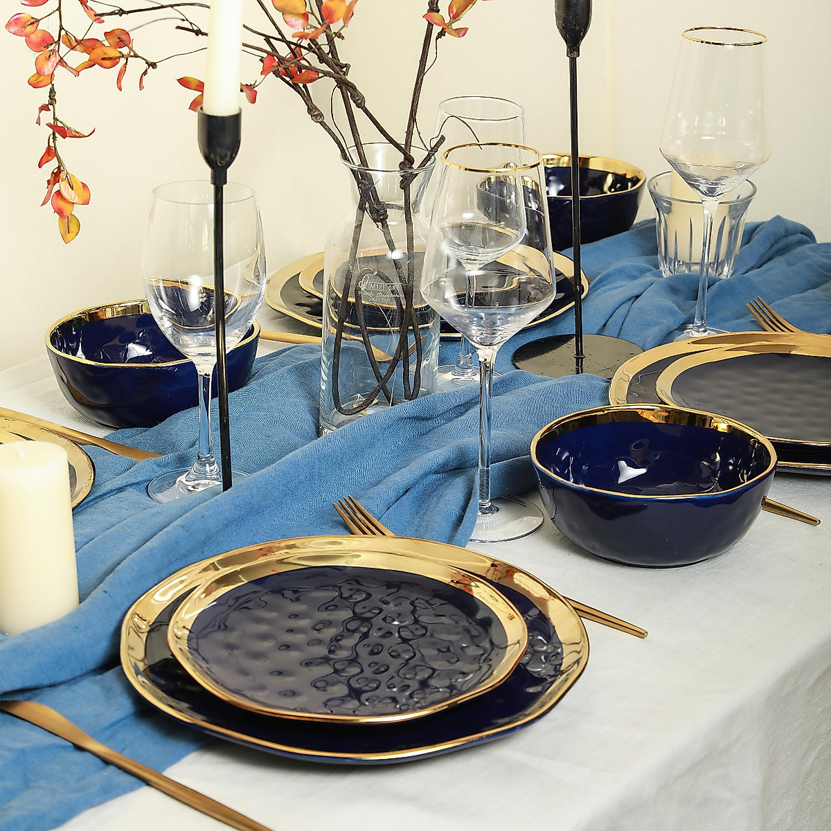 Stone Lain Porcelain 16 Piece Dinnerware Set, Service for 4, Blue and Golden Rim, Dark Blue