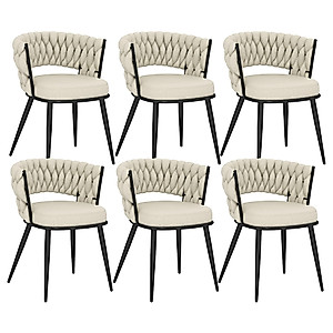 Homedraft Woven Dining Chairs Set of 6, Modern Hand Weaving Dining Chair with Black Metal Legs, Upholstered Club Chairs with Black Frame for Dining Room, Kitchen, Vanity, Beige