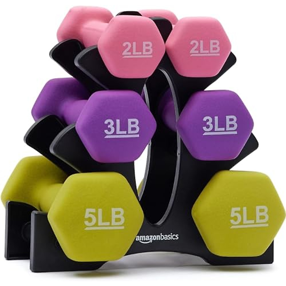 Amazon Basics Neoprene Coated Hexagon Workout Dumbbell Hand Weight, Rack with 2, 3, and 5 pound, Set of 3, Total 20 lb, Pink/Purple/Green