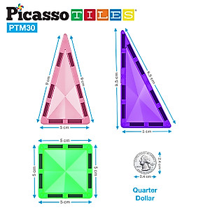 PicassoTiles Mini Size Magnetic Tiles Sensory Magnet Toys Diamond Series Construction Building Blocks Set STEM Learning Travel Size Educational Toy for Kids Boys Girls Toddlers Age 3+ PTM30