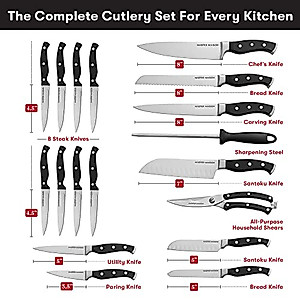 19-Piece Kitchen Knife Set With Wooden Knife Block - German Stainless Steel Knife Set for Kitchen with Block, Paring, Chefs, Santoku, Carving, Utility & 8 Steak Knives - Knife Sharpener & Shears