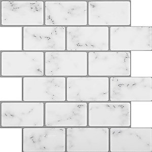 Lagute 5-Sheet 12" x 12" Thicker Design Stick on Backsplash tiles, Peel and Stick Wall Tiles, Marble White Subway Tile with Grey Grout for Kitchen and Bathroom