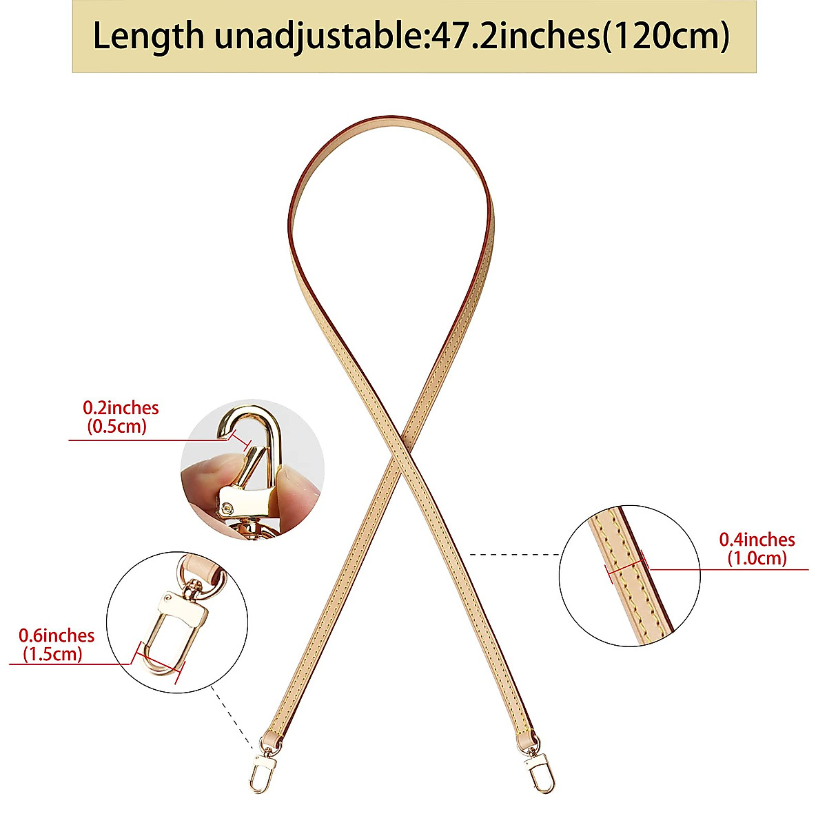 COLSEEY Genuine Vachetta Leather Crossbody strap Genuine leather Adjustable Replacement Strap for Shoulder Bag Handbag Purse(0.39 Inch Width Unadjustable)