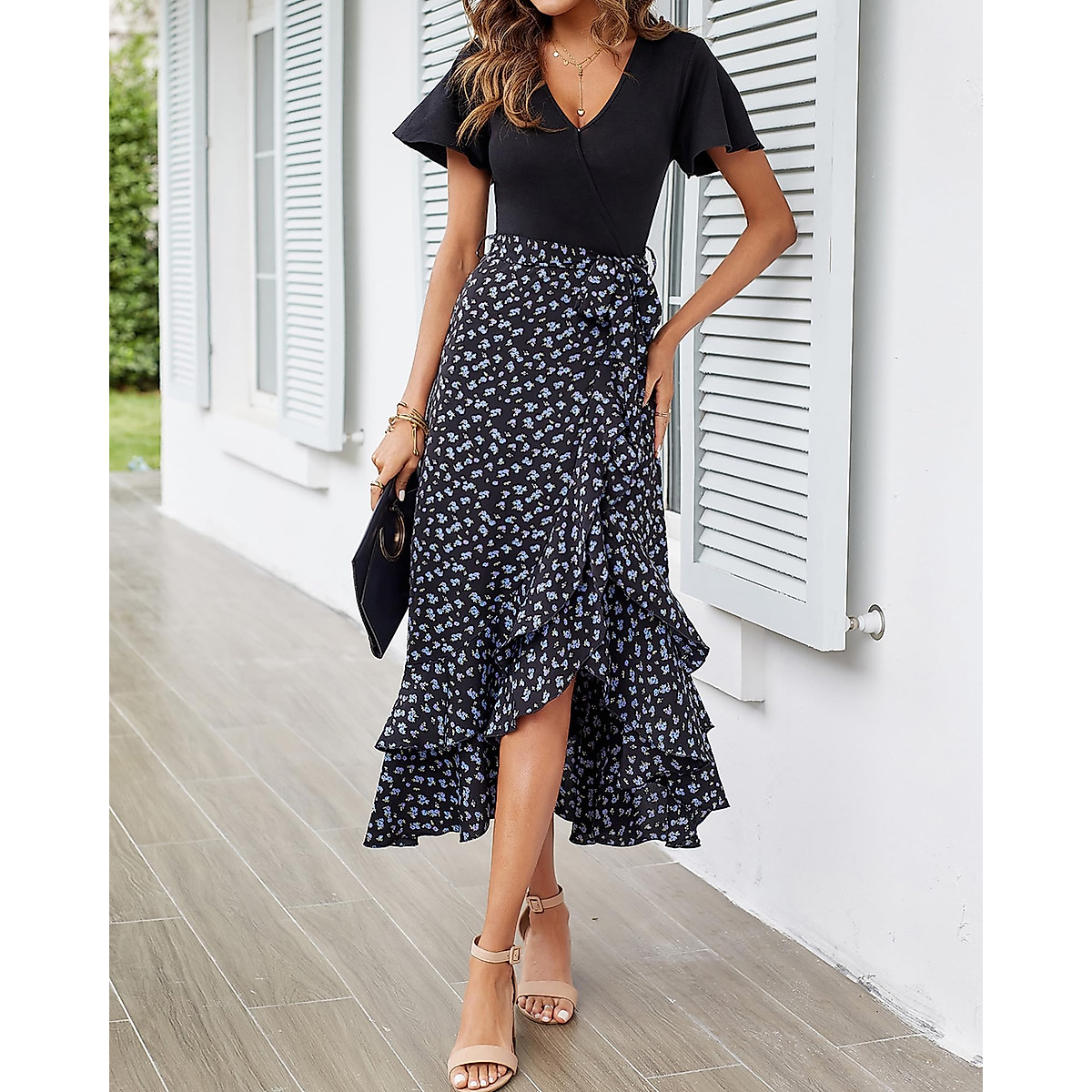 BTFBM Womens Maxi Summer Dresses 2025 Short Sleeve V Neck Boho Floral Print Belted High Low Ruffle Party Cocktail Dress(Floral Black Blue, X-Large)