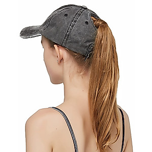 Leotruny Women Washed Cotton High Ponytail Baseball Cap (C08-Distressed Black)