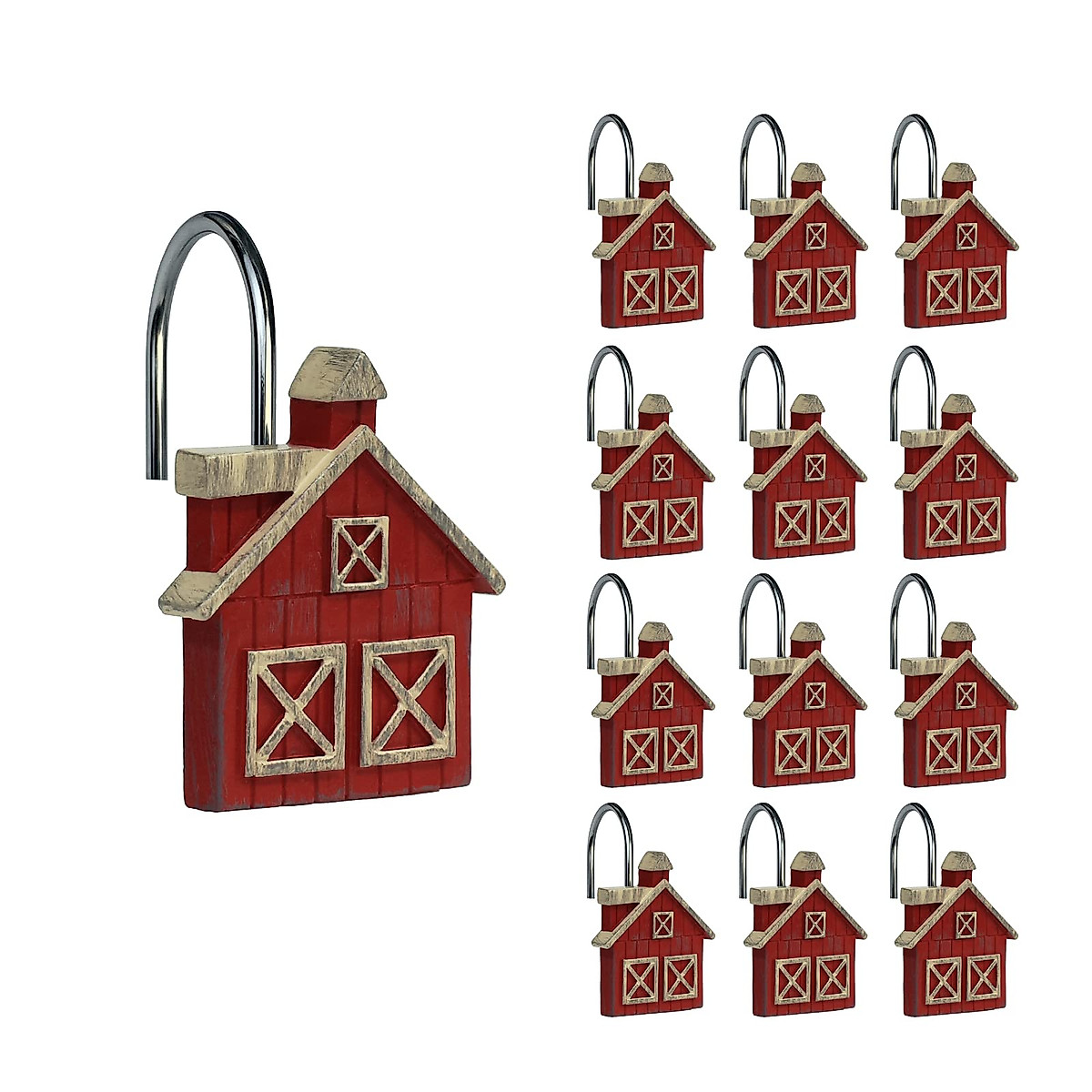 Sunlit Farmhouse Barn Christmas Shower Curtain Hooks, Rustic Red House Decorative Shower Curtain Rings, Resin, Wooden Plank Rural Country Bathroom Decoration Shower Curtain Hooks-12 Pack