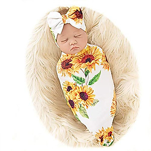 Galabloomer Newborn Sunflower Receiving Blanket Headband Set Baby Flower Rose Swaddle with Big Bow