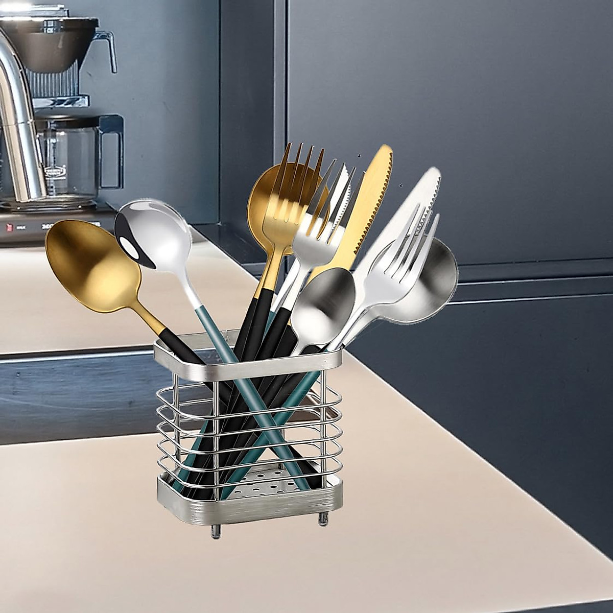 KEINEUX Utensil Holder Kitchen Countertop Organizer, Cutlery Drainer Sink Caddy Storage Drying Rack for Silverware Flatware and Cookware, Stainless Steel, Silver-4"