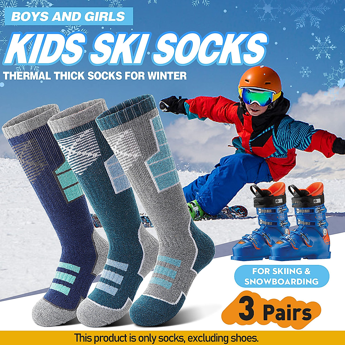 Anlisim Kids Merino Wool Ski Socks for Girls Boys Teen Thermal Winter Warm Thick Hiking Knee High Socks Stocking Stuffers for Skiing Snowboarding (Grey/Dark Blue/Green C, 8-12 Y)