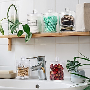 4 PACK Qtip Holder Dispenser for Cotton Ball, Cotton Swab, Cotton Round Pads, Floss Picks - 10 oz Clear Plastic Apothecary Jar Set for Bathroom Canister Storage Organization, Vanity Makeup Organizer