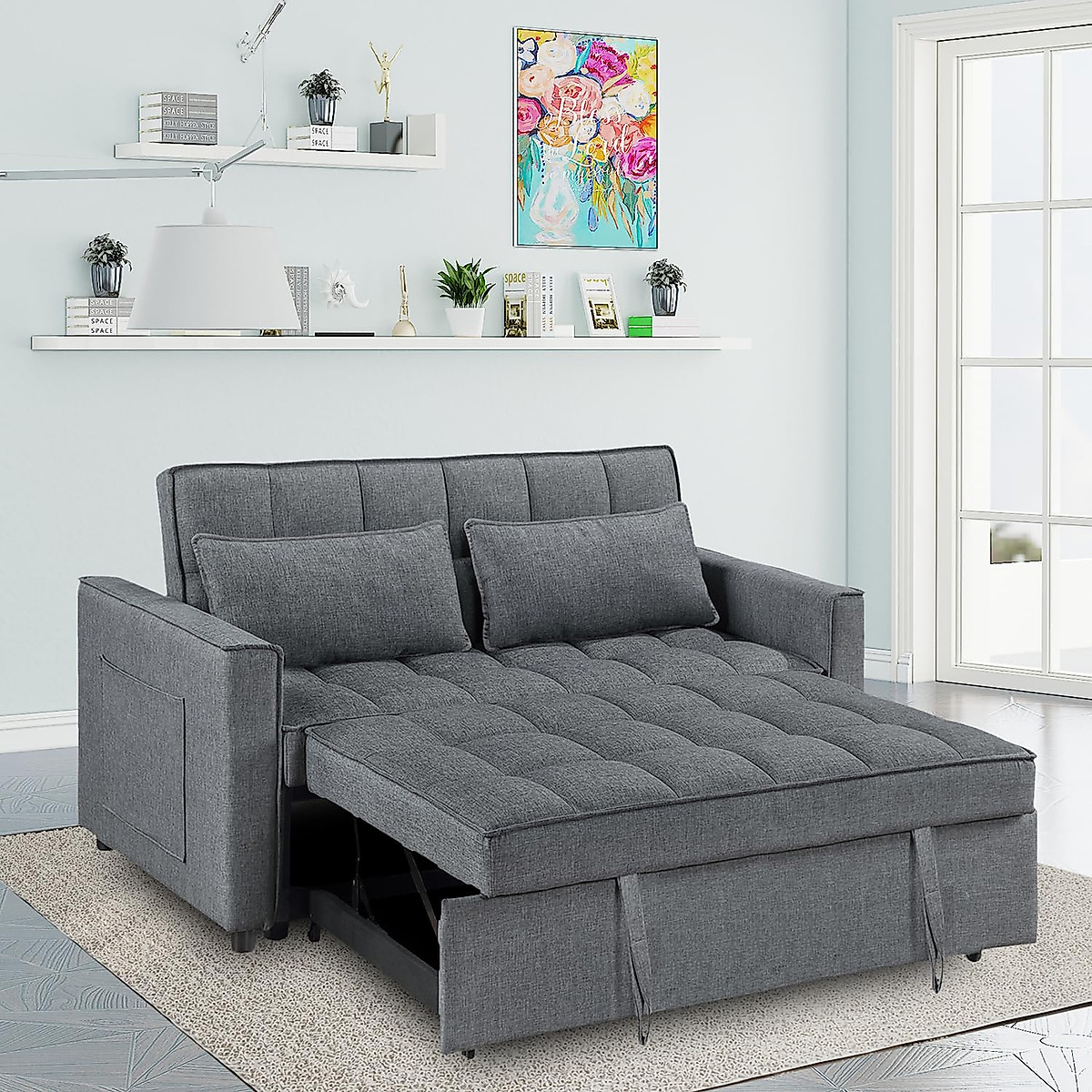 Modern Loveseat Sleeper Sofa, Fabric Upholstered Sofa Bed- 2 in 1 Pull Out Couch Bed for Living Room, Bedroom, Apartment, Office, Sofa Sleeper with Pull Out Bed, Grey
