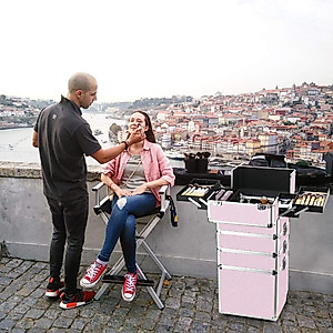 OUDMAY Makeup Case - 4 in 1 Professional Cosmetics Rolling Train Organizer with Aluminum Frame and Folding Trays Pink Diamonds