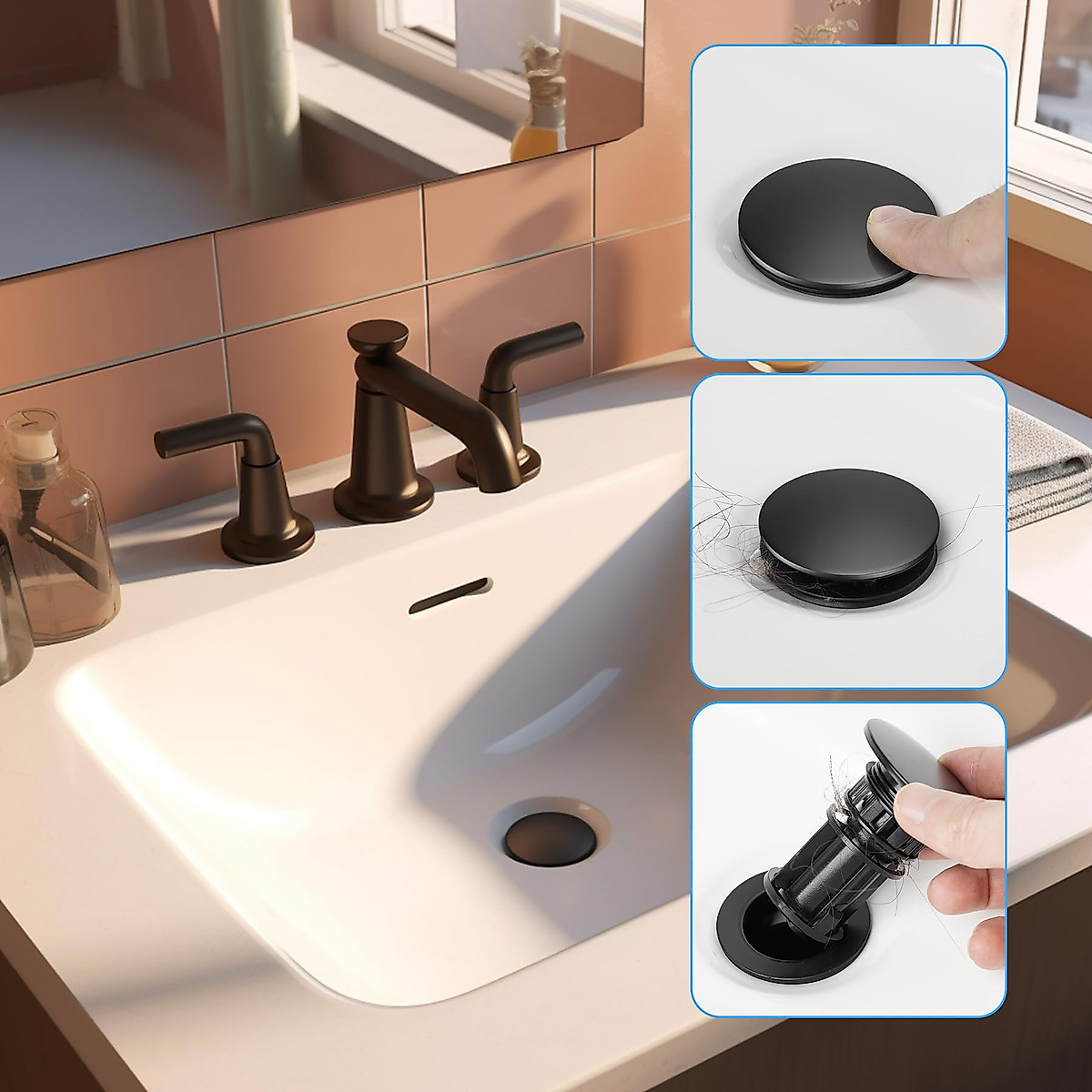 Hibbent 2 Pack Push and Seal Pop Up Drain Stopper with Overflow for Bathroom Sink Faucet Vessel Vanity, Matte Black