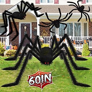 TooyBing 4 Pack Halloween Giant Spider Decorations, Large Realistic Halloween Spider Props, Fake Scary Spider Set for Halloween Decor Indoor Outdoor Yard Garden Lawn Porch Party (60", 50”, 35”, 30”)