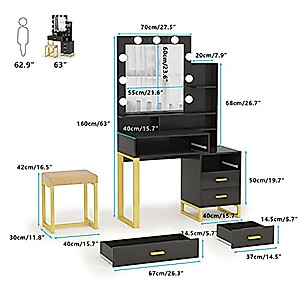 PAKASEPT Vanity Set with Lighted Mirror, Makeup Vanity Dressing Table with LED Light, Drawers, Storage Shelves and Cushioned Stool, Small Vanity Desk for Bedroom (Black, 39.4"Lx15.7"Wx63"H)