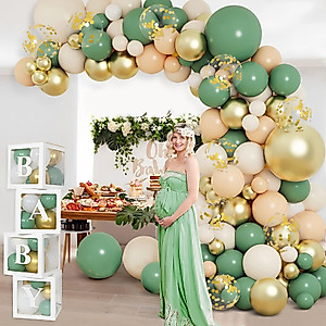 Sage Green Baby Shower Decorations for Boy or Girl - 136pcs Baby Shower Decor, Baby Shower Balloon Boxes with Green Gold Balloon Arch Garland Kit, Safari Jungle Baby Shower, Gender Reveal, Boy Girl