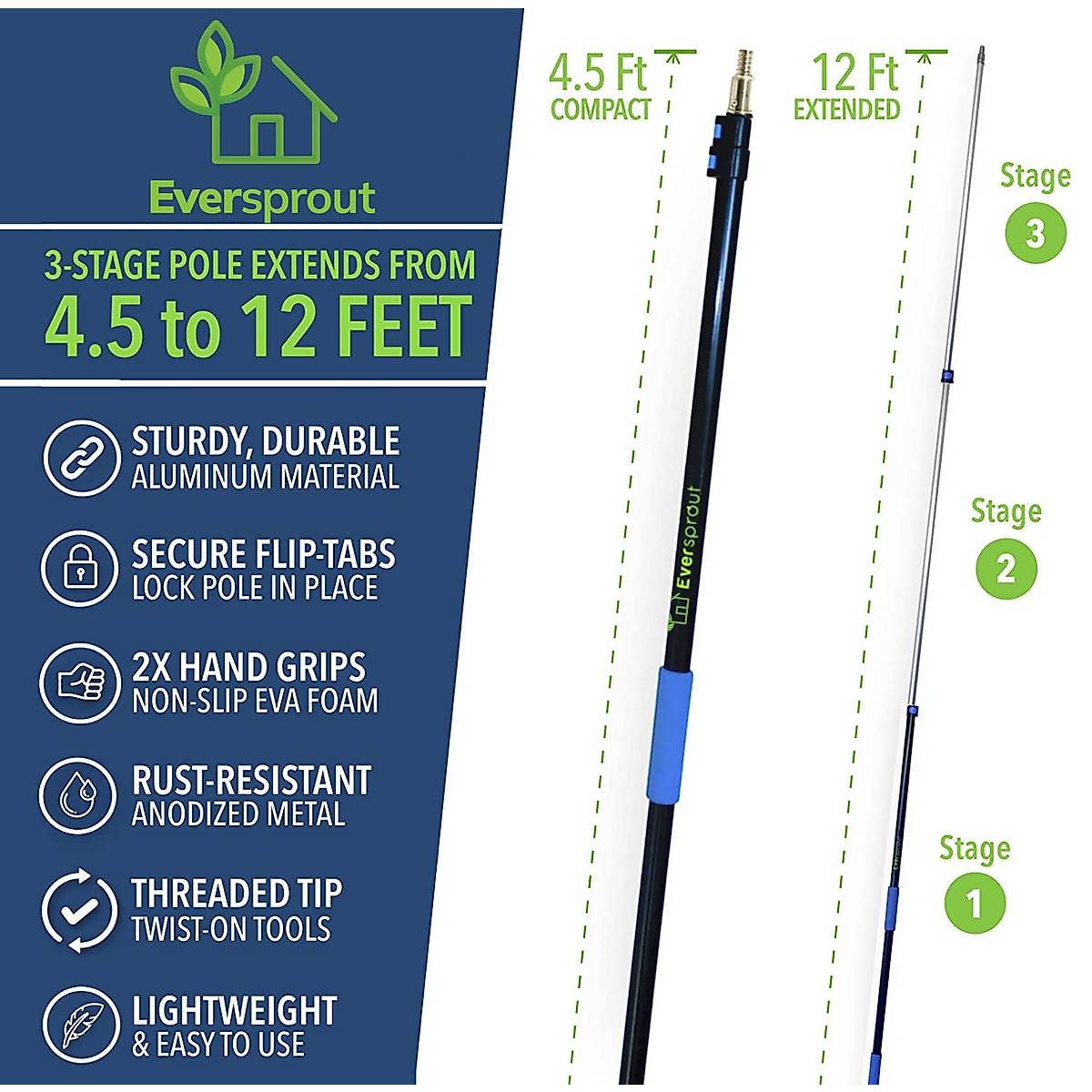 EVERSPROUT 5-to-12 Foot Telescopic Extension Pole, Lightweight Sturdy Aluminum Telescoping Pole, Easy Flip-Tab Lock Mechanism Telescopic Pole, Twist-On Metal Tip Paint Roller Extension Pole
