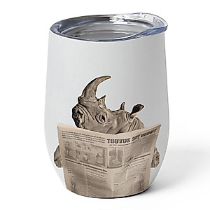 Rhino Rhinoceros Reading Newspaper Tumbler 12oz Stainless Steel Vacuum Insulated Wine Cup With Lid - Gifts for Rhinoceros Lovers