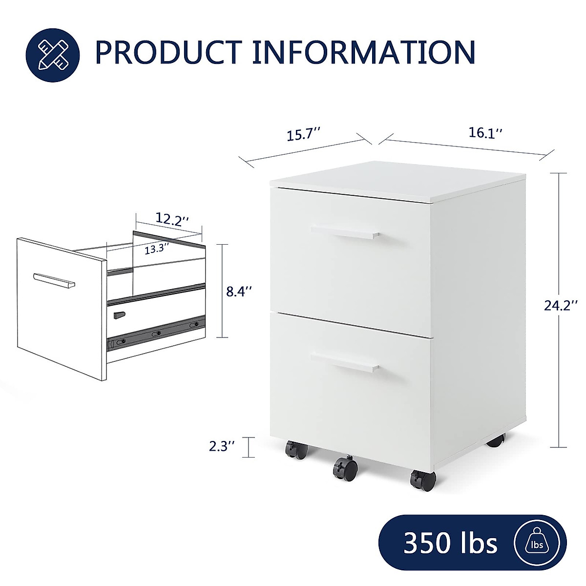 VICLLAX 2 Drawer Mobile Filing Cabinet, Vertical File Cabinet for Legal/Letter/A4 Files, Assembled Needed, White
