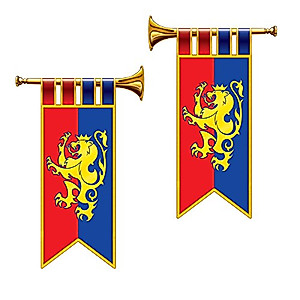 Medieval Party Decorations - Cardboard Herald Trumpets and Crest, Plastic Pennant Banner and Tablecover (Bundle of 5) by Multiple