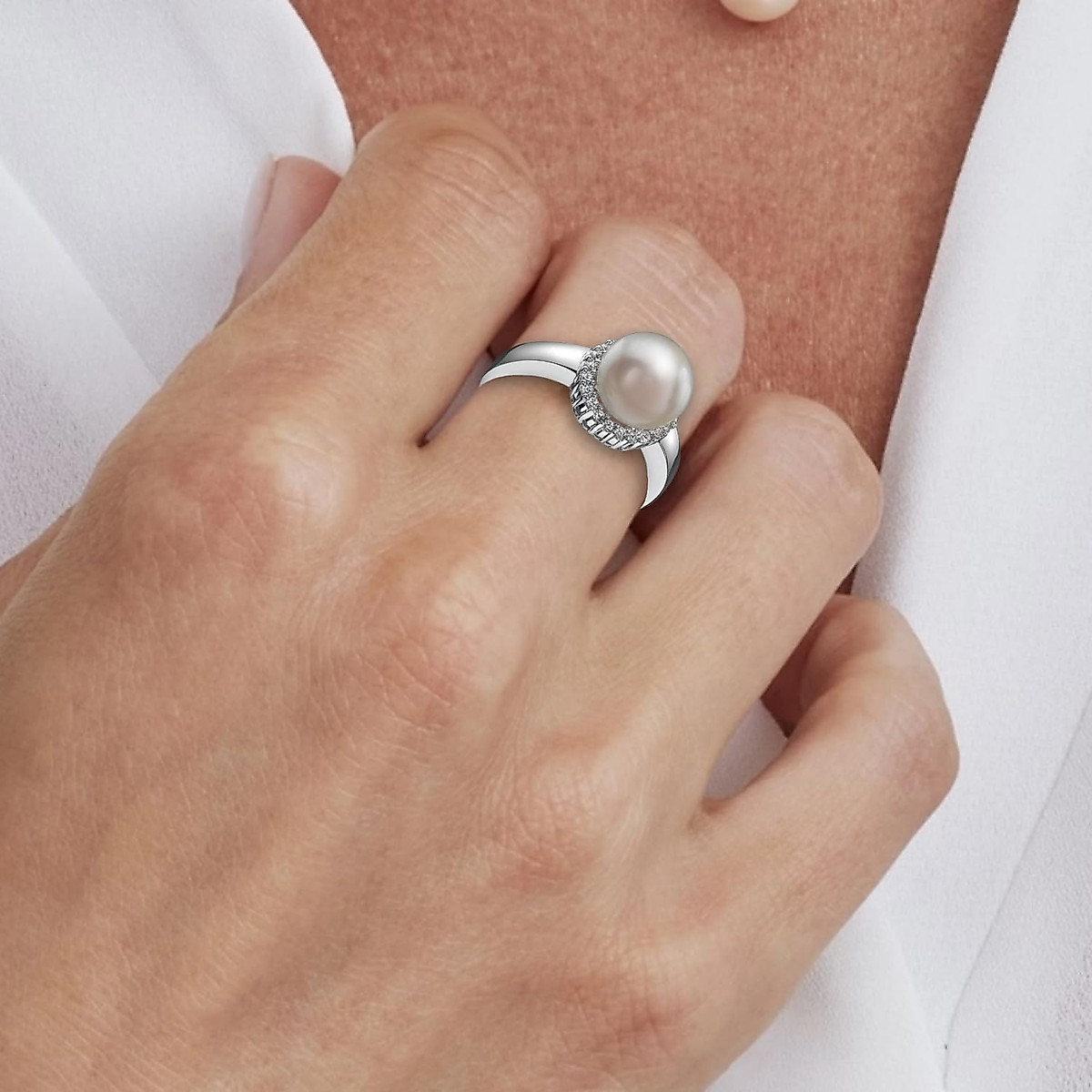 The Pearl Source 8-8.5mm Genuine White Japanese Akoya Saltwater Cultured Pearl Ashley Ring for Women